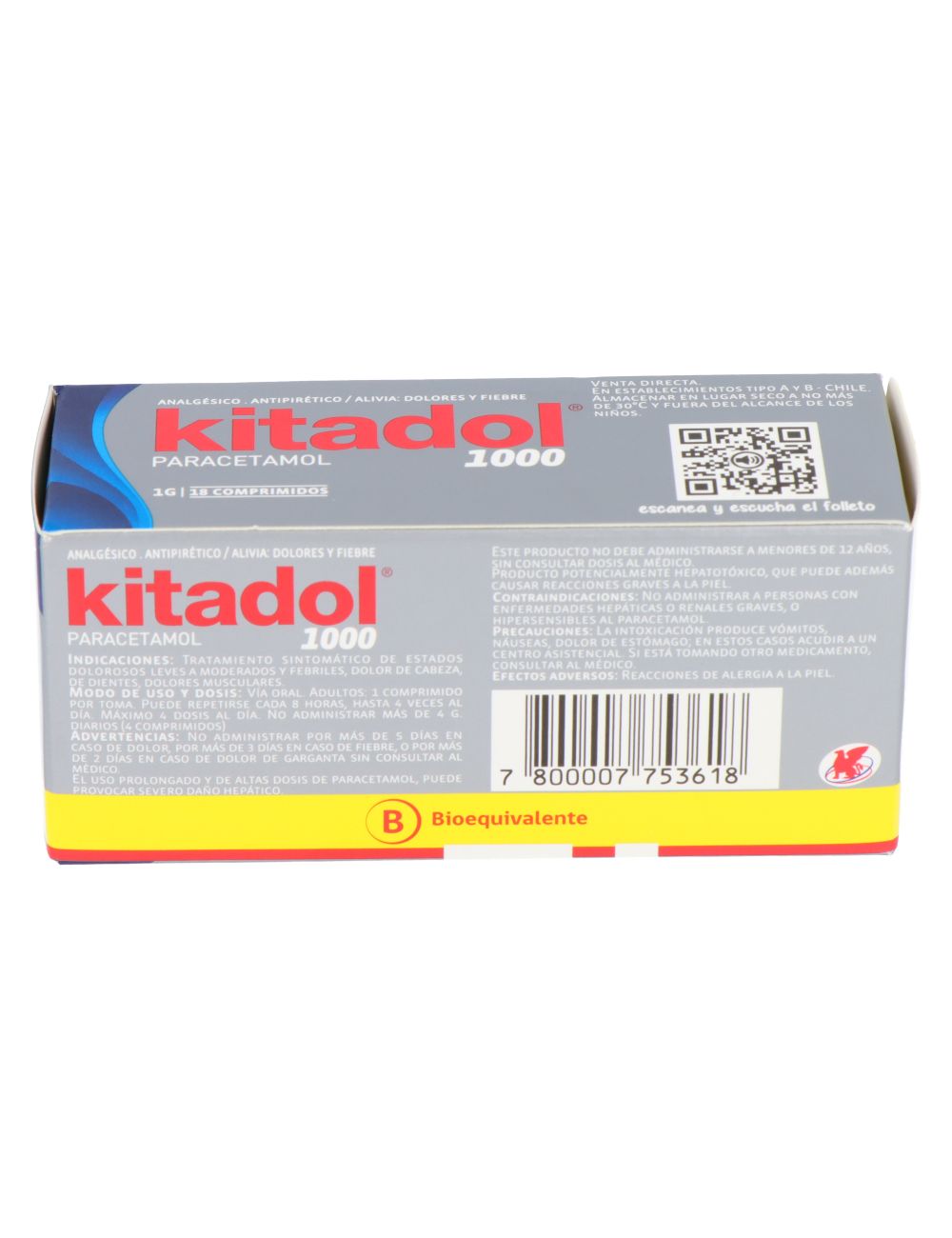 KITADOL PARACETAMOL 1000MG CAJA 18 COMPRIMIDOS LAB. CHILE