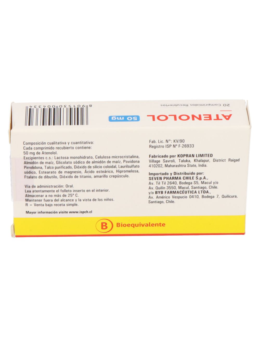ATENOLOL 50 MG 20 COMPRIMIDOS RECUBIERTOS BIOEQUIVALENTE LABORATORIO ...
