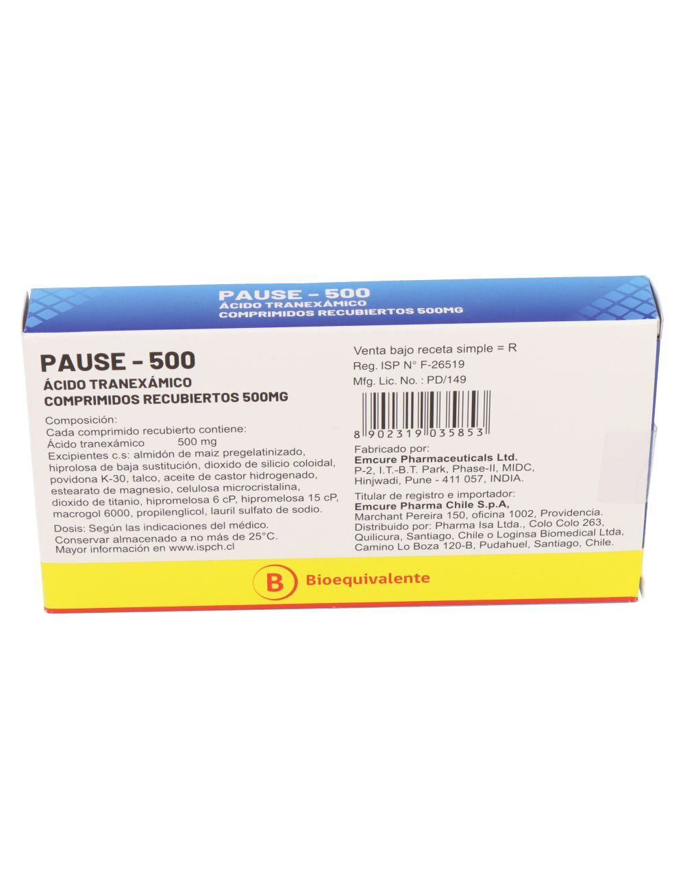 PAUSE-500 ACIDO TRANEXAMICO 500 MG 20 COMPRIMIDOS BIOEQUIVALENTE ...